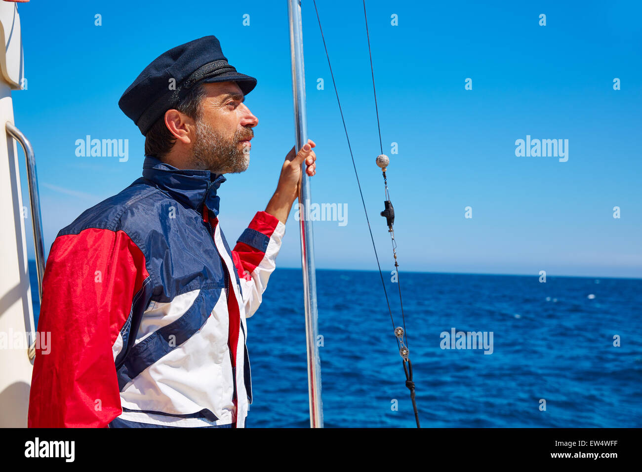 Beard sailor man sailing sea ocean in a boat with captain cap Stock ...