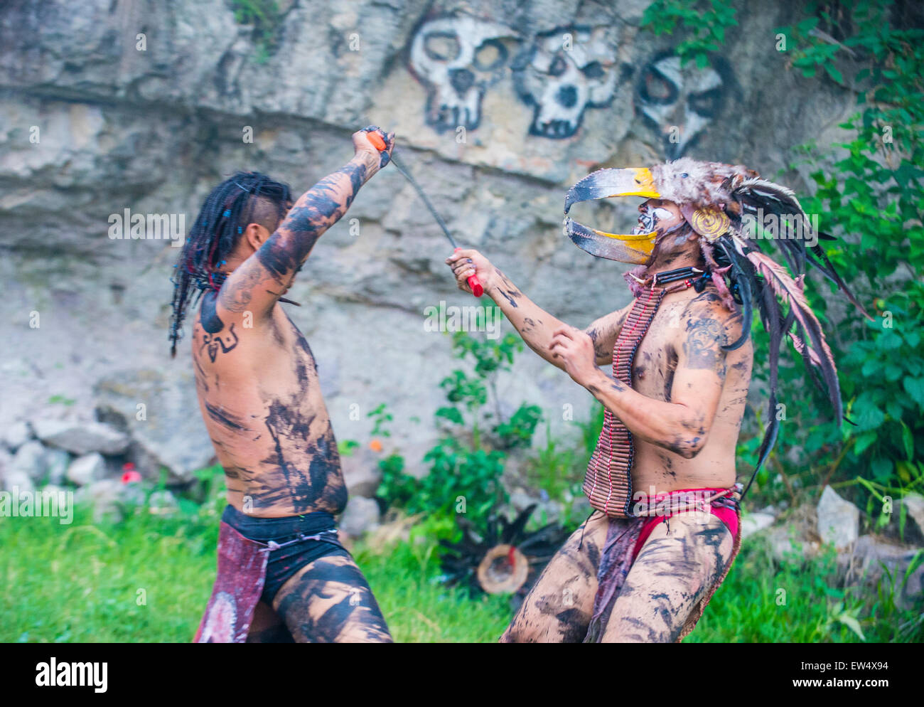 Two Native Americans in a machete fight during the festival of Valle ...