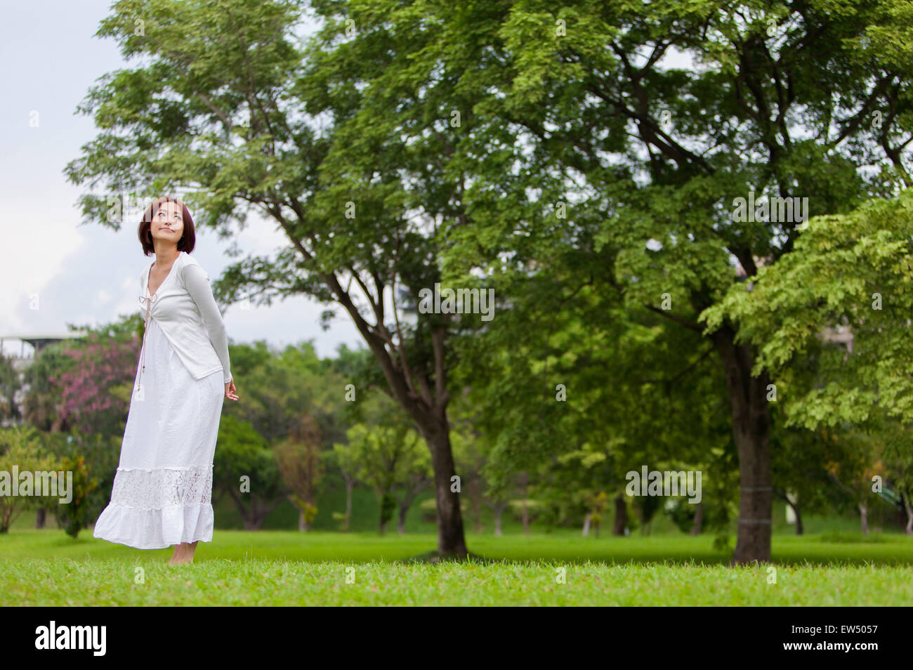 Woman standing behind tree hi-res stock photography and images - Alamy