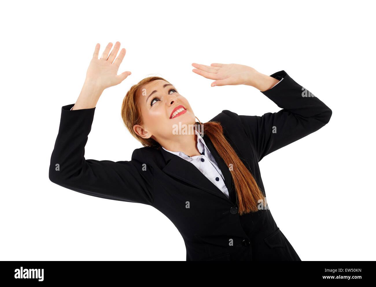 Scared businesswoman getting crushed by an invisible object above ...