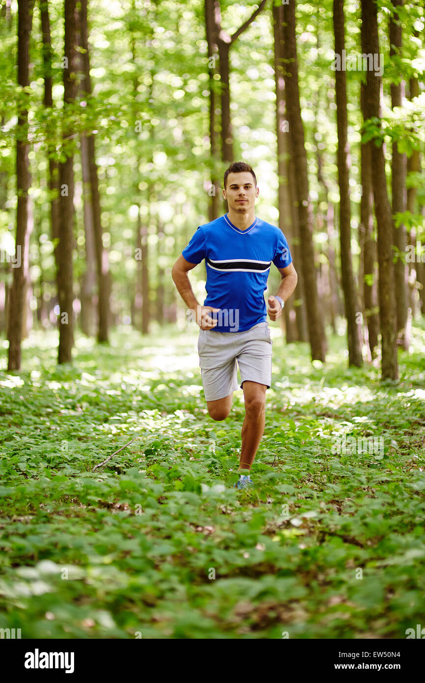 Young and fit runner on a trail run through forest Stock Photo - Alamy