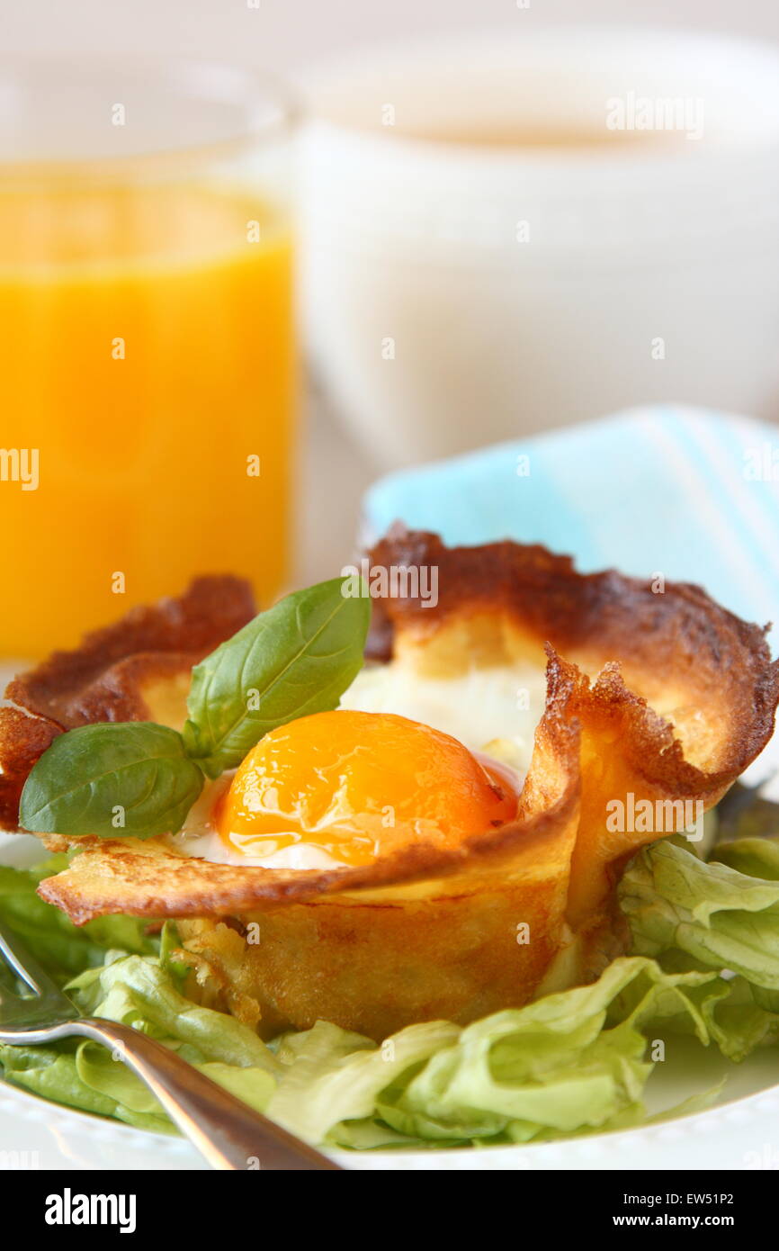Homemade pancake baskets with egg and mushrooms Stock Photo - Alamy