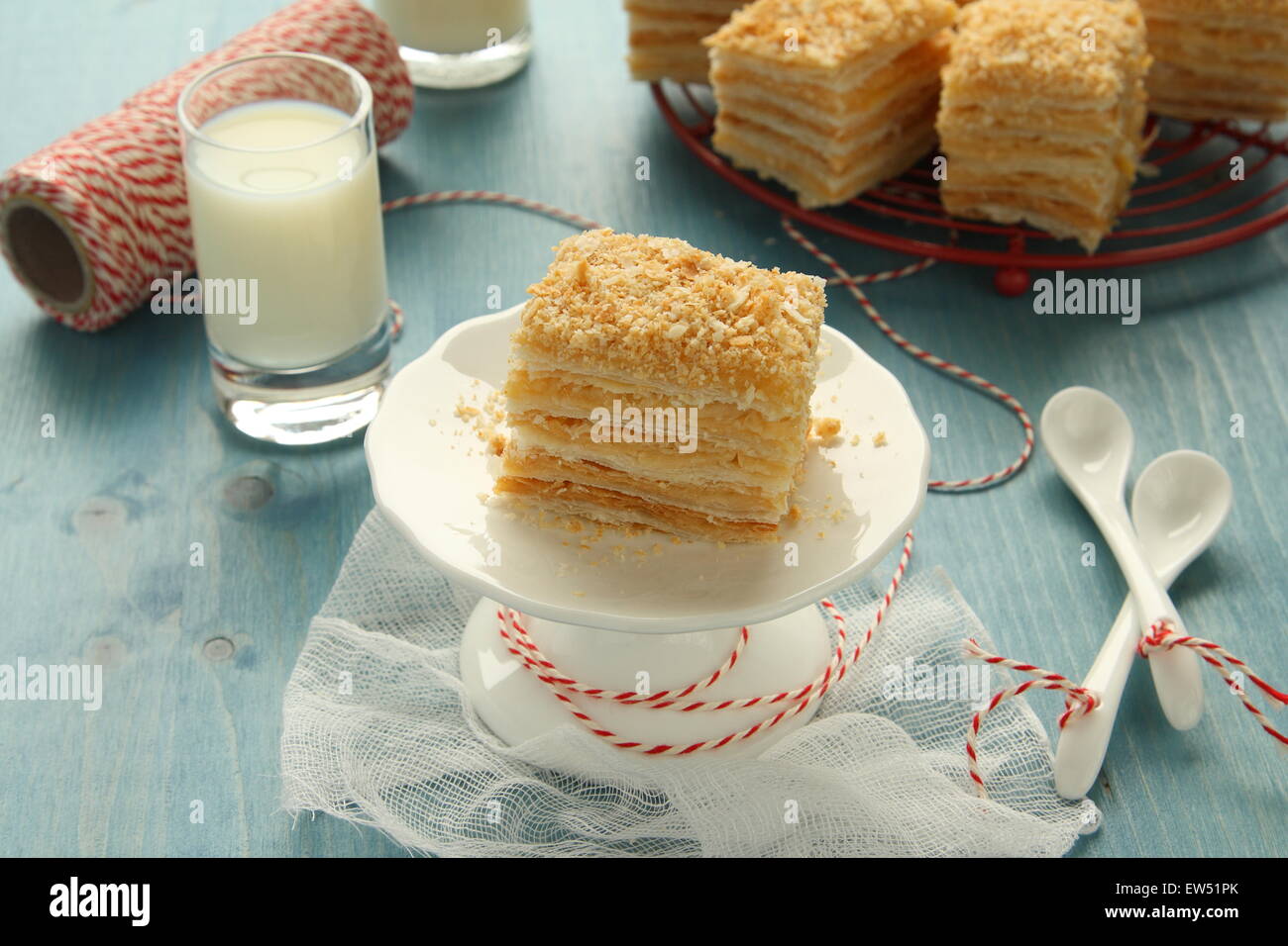 Napoleon cake – layer cake from puff pastry with custard cream Stock ...