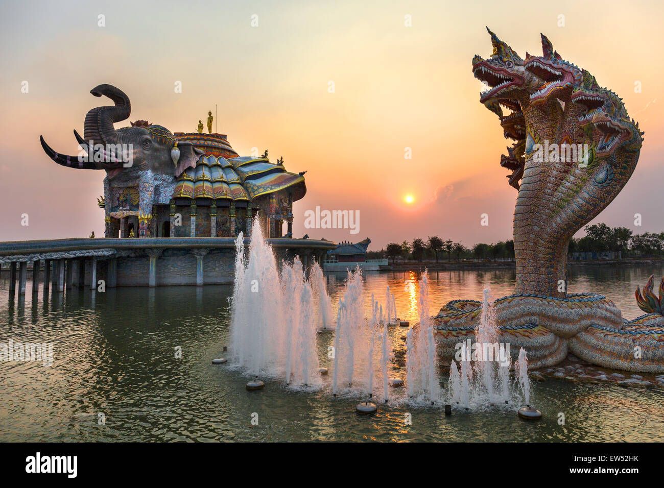 Seven-headed Naga serpent and fountain in front of the Elephant Temple ...