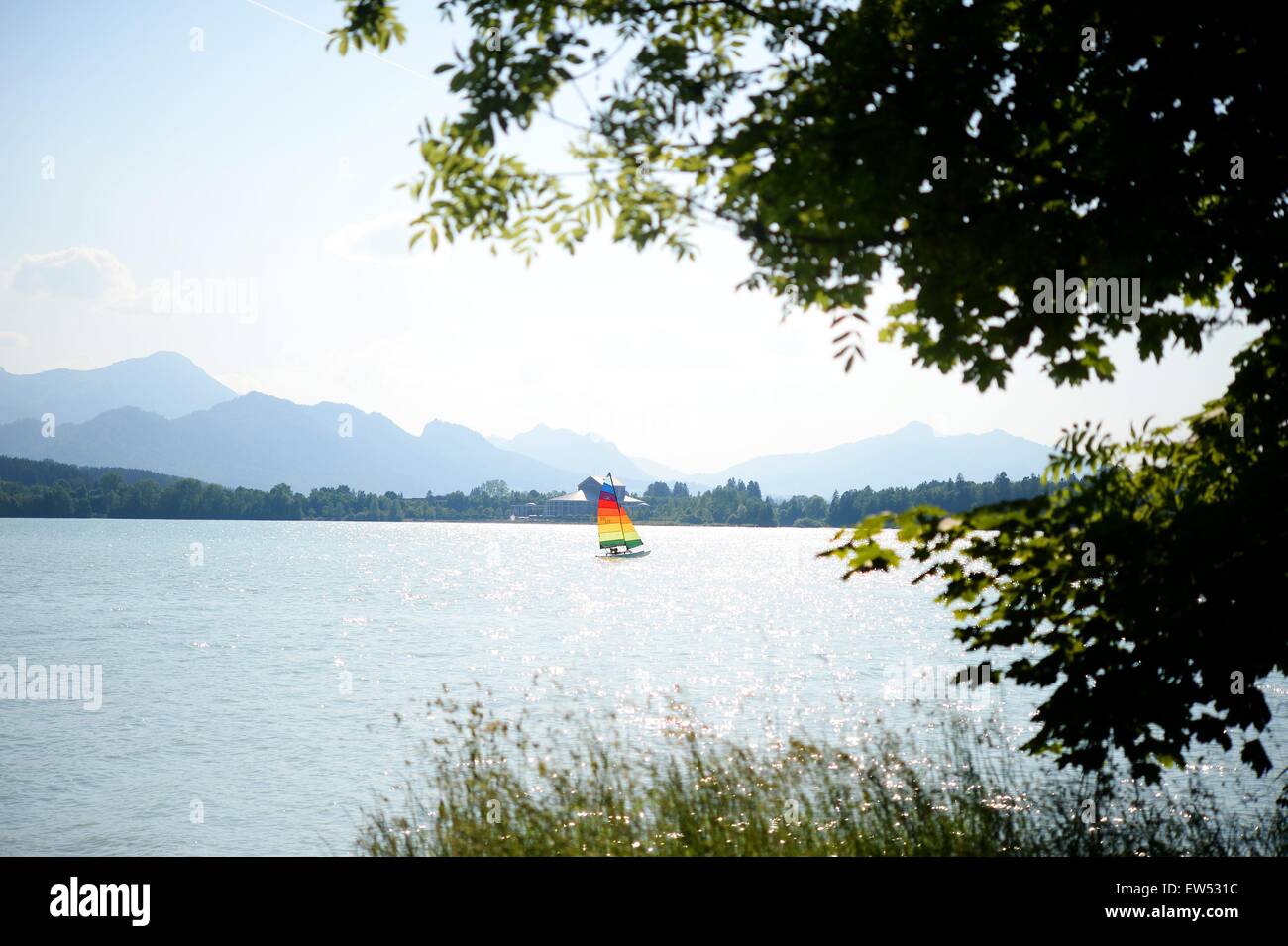 A sailing boat on Lake Forggensee in Bavaria, Germany, near the city of ...