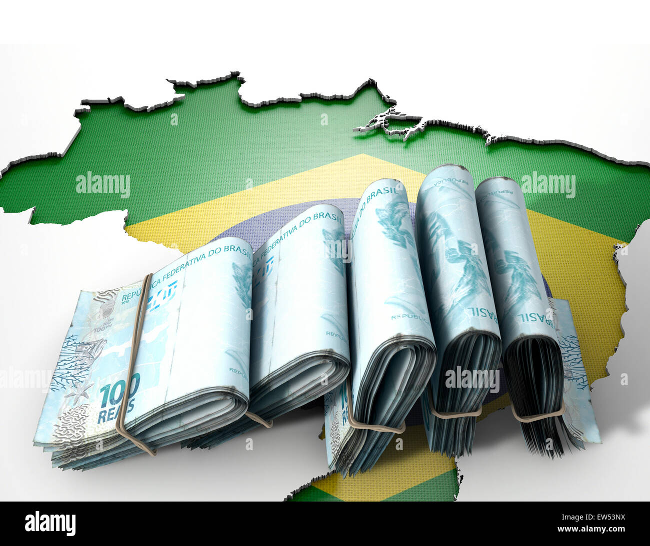 The shape of the country of Brazil in the colours of its national flag ...
