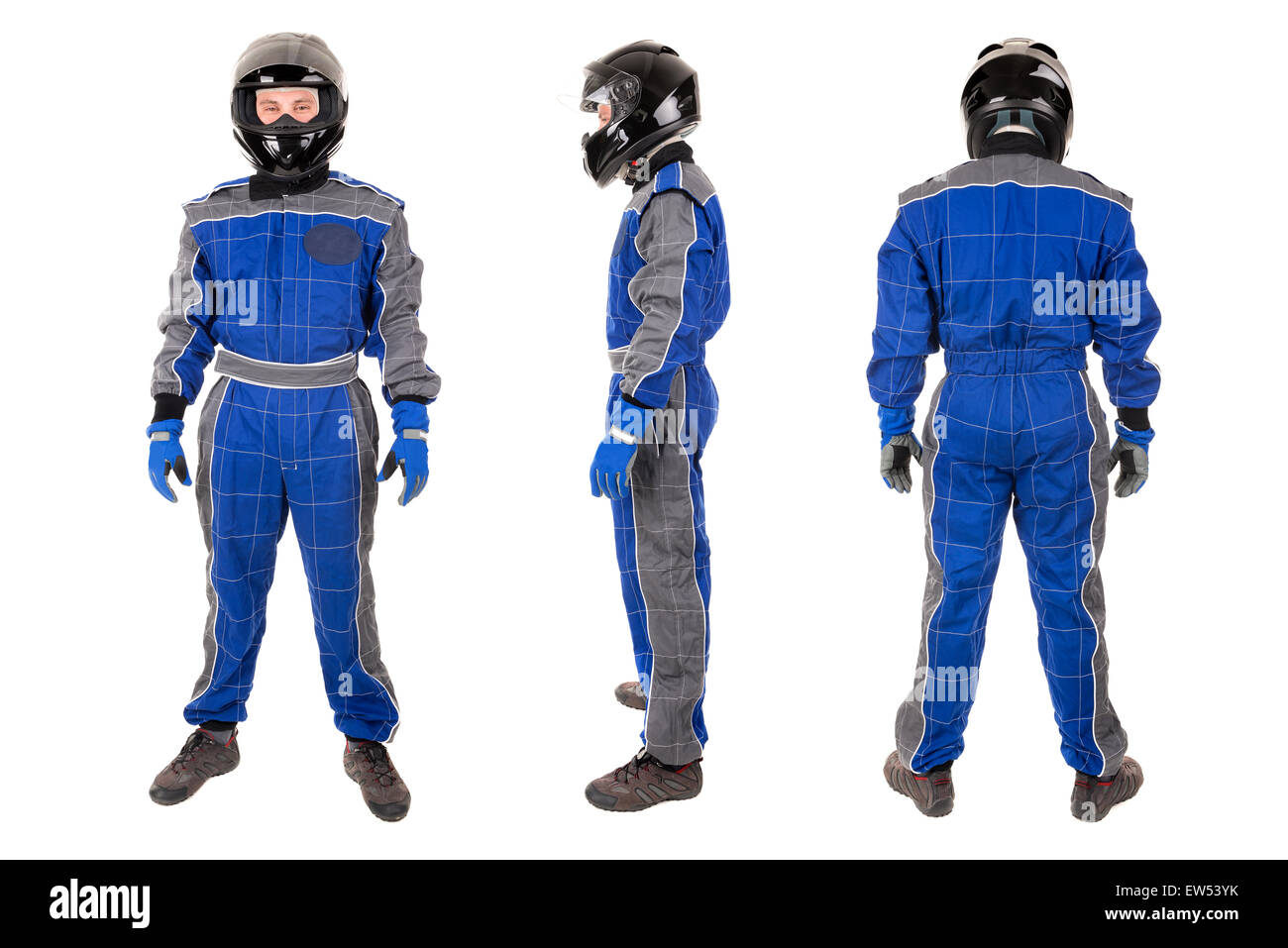 Racing driver posing with helmet in several positions isolated in white ...