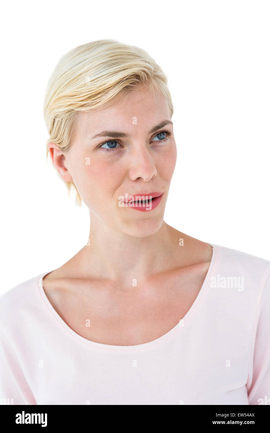 Surprised blonde woman looking up Stock Photo - Alamy