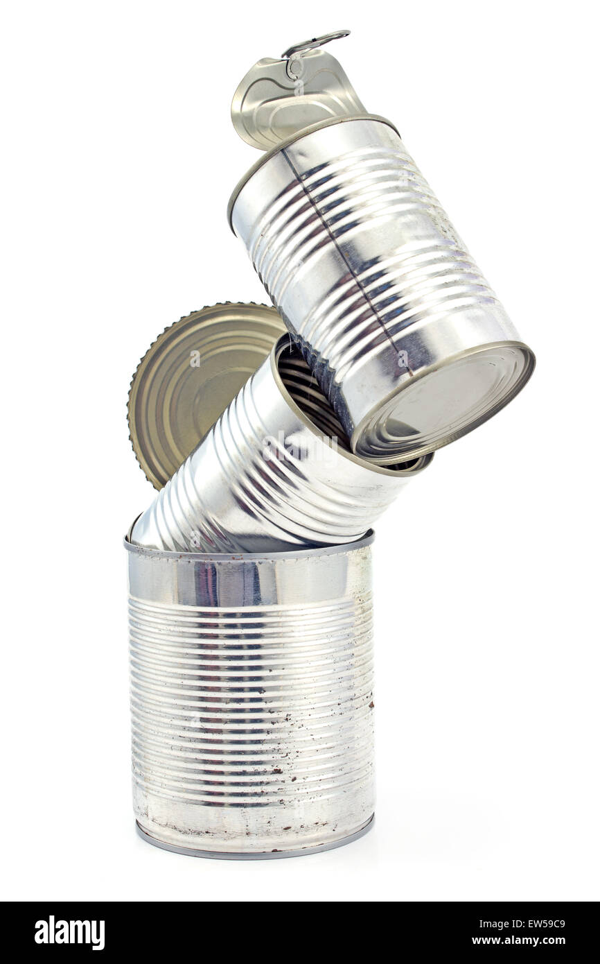Tower of open empty tin can isolated on white Stock Photo - Alamy