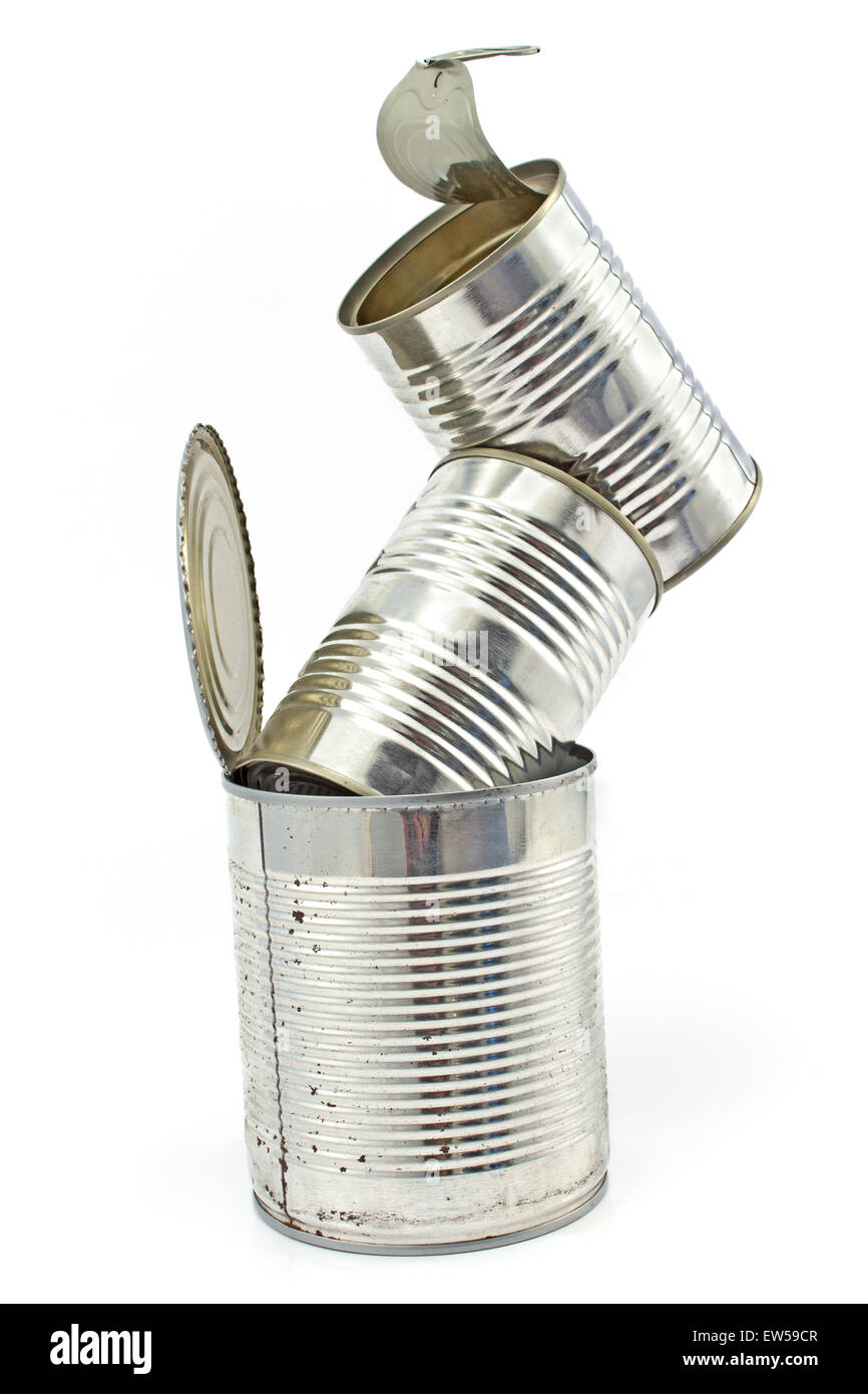 Tower of open empty tin can isolated on white Stock Photo - Alamy