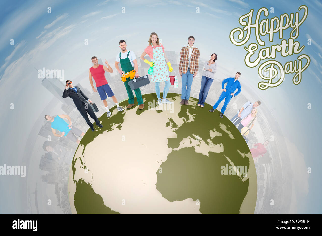 Composite image of people standing on the world Stock Photo - Alamy