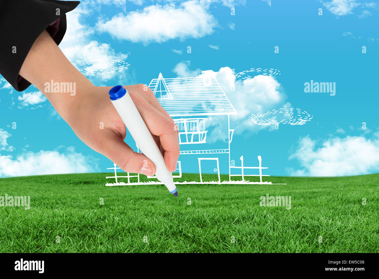 Composite image of businesswomans hand writing with marker Stock Photo ...