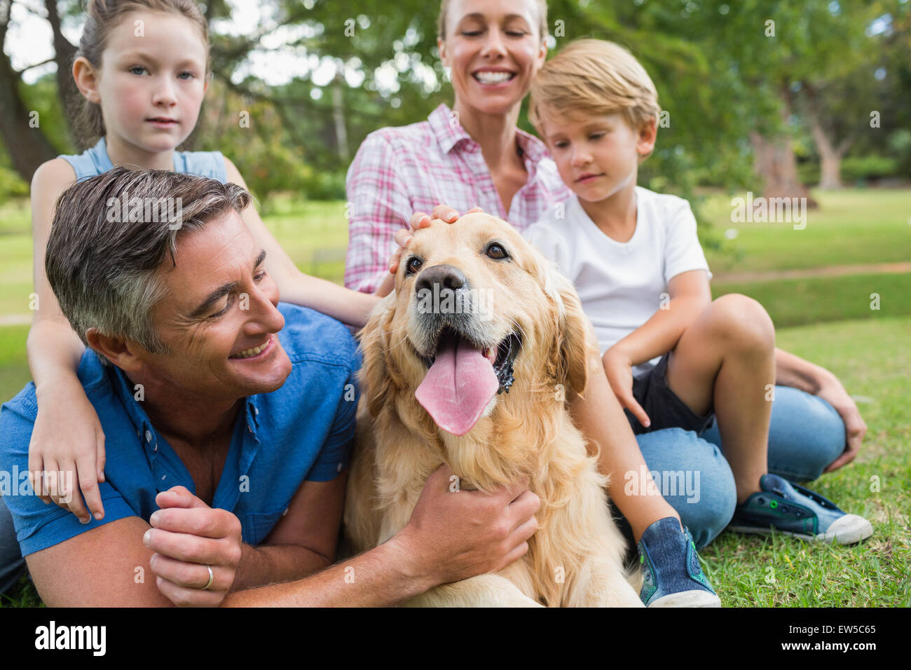 Happy family in the park with their dog Stock Photo - Alamy