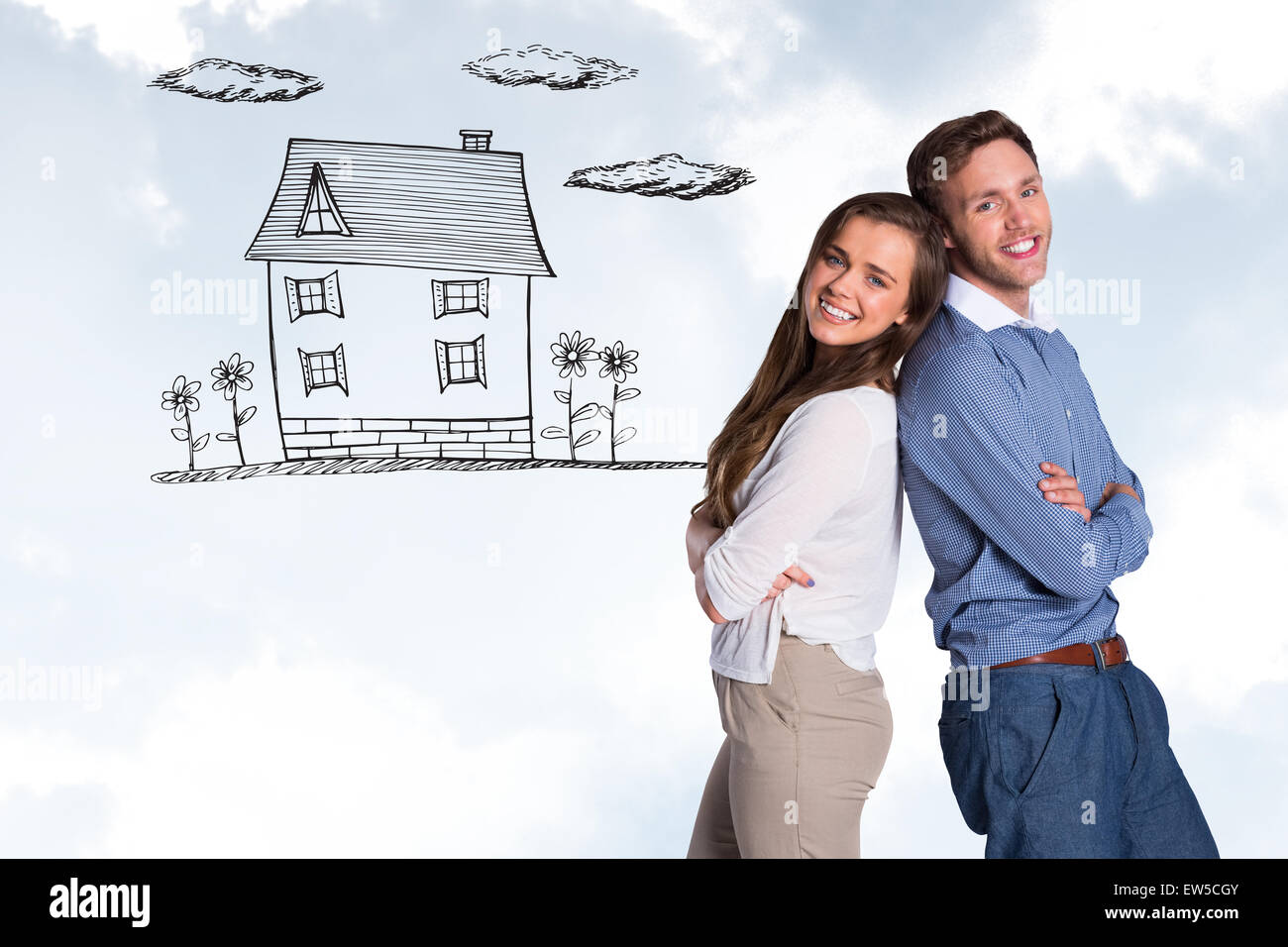 Composite image of portrait of happy couple back to back Stock Photo ...