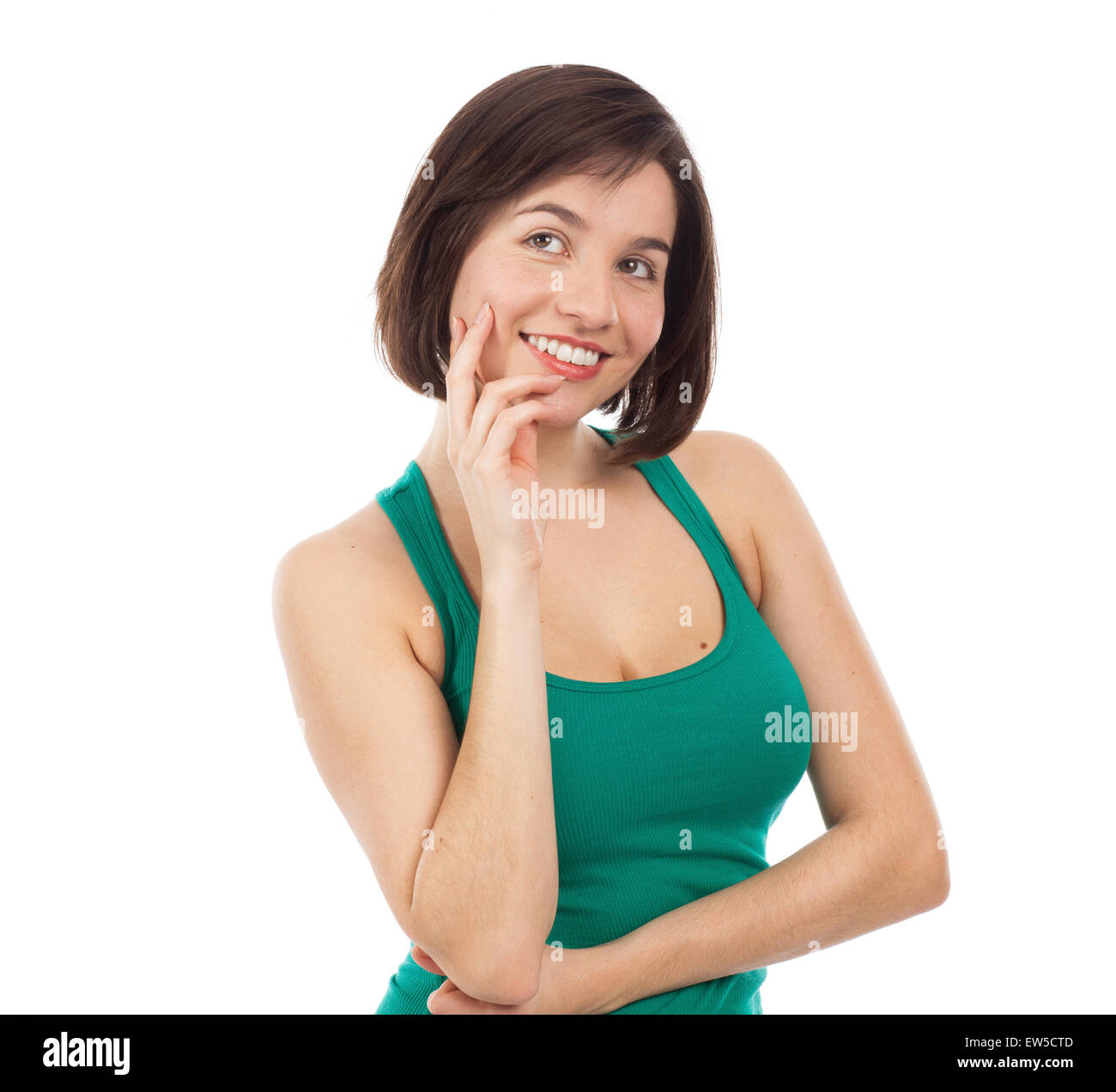 Brunette looking something on the top, isolated on white Stock Photo ...