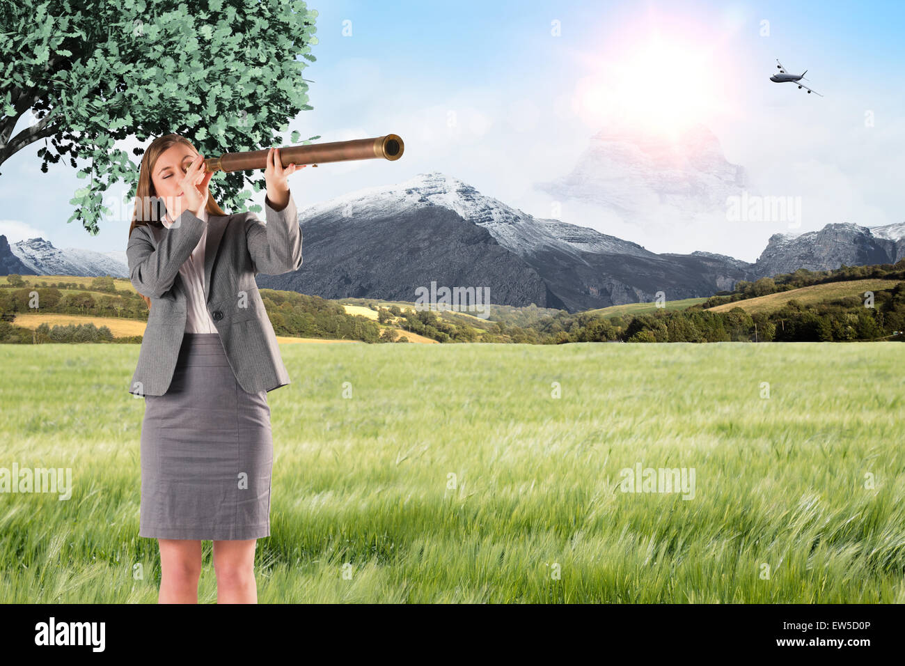 Composite image of businesswoman looking through a telescope Stock ...