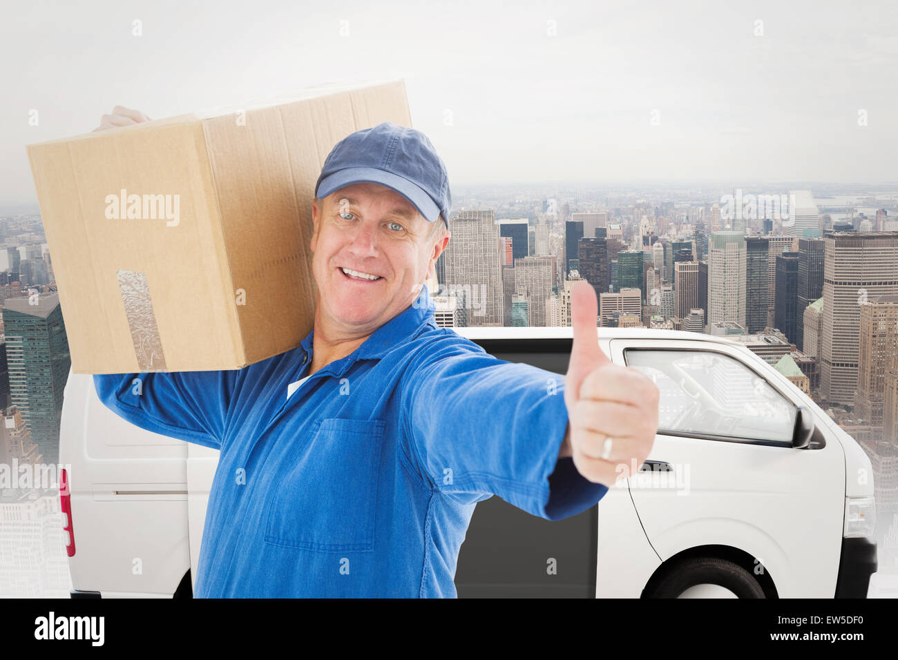 Composite image of happy delivery man holding cardboard box Stock Photo ...