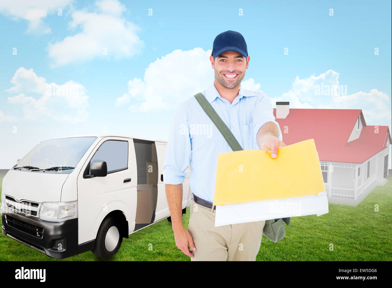 Composite image of happy postman delivering letter on white background ...
