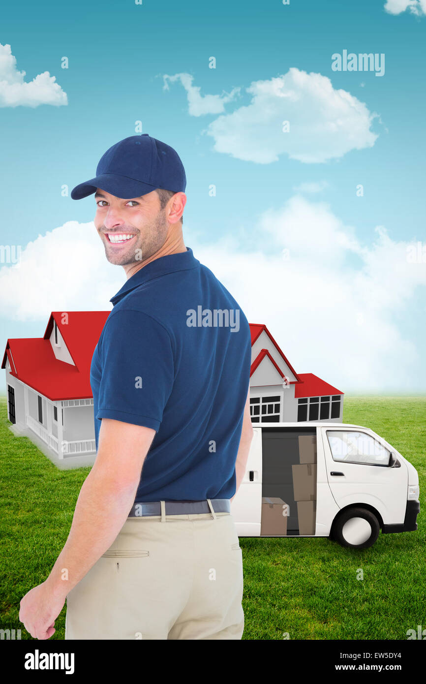 Composite image of happy delivery man wearing baseball cap Stock Photo ...