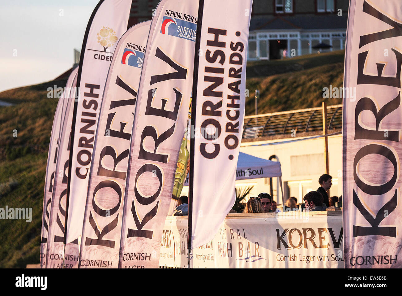 Advertising banners outside a bar on Fistral Beach in Cornwall Stock ...