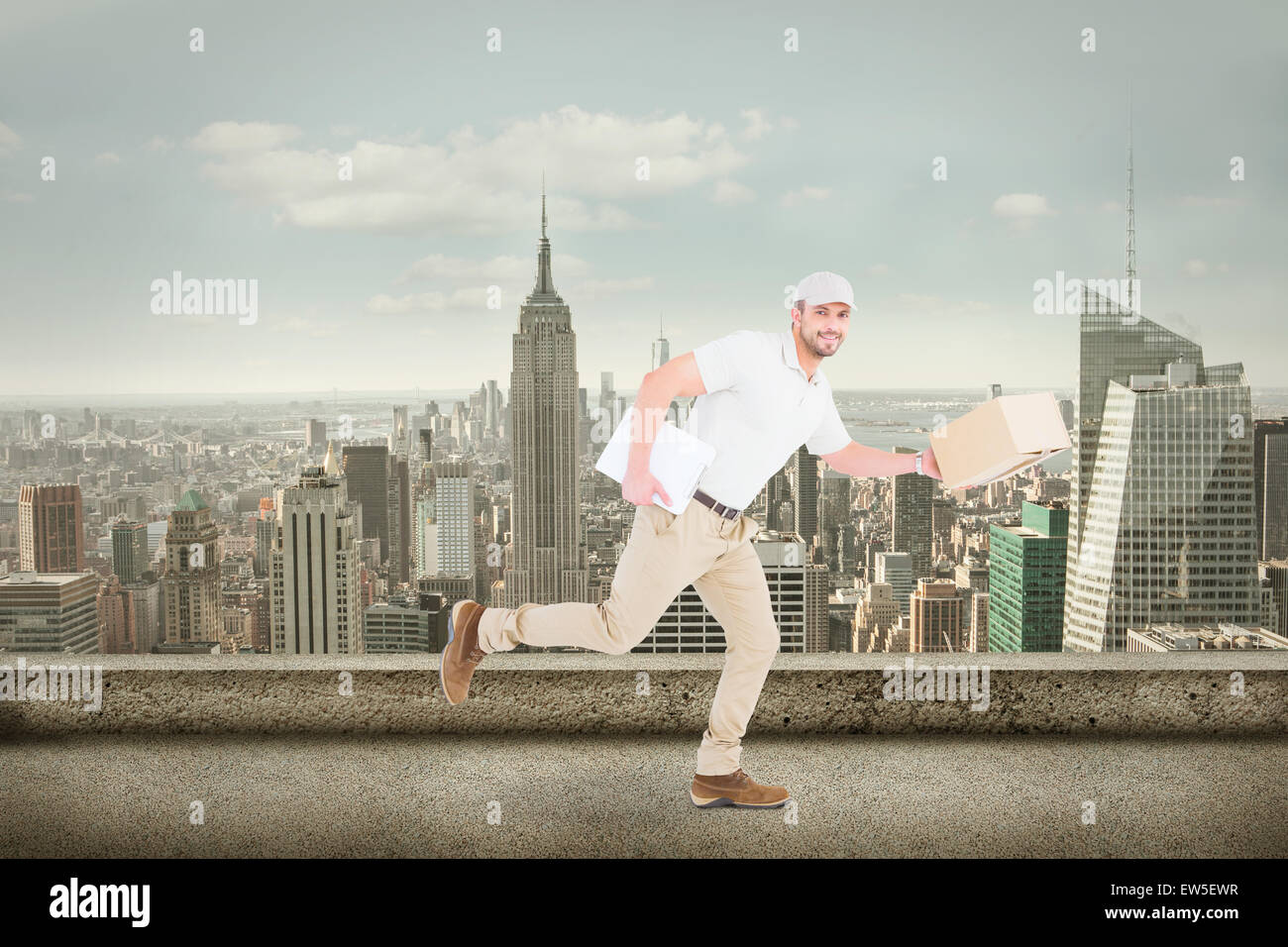Composite image of delivery man with cardboard boxes running Stock ...