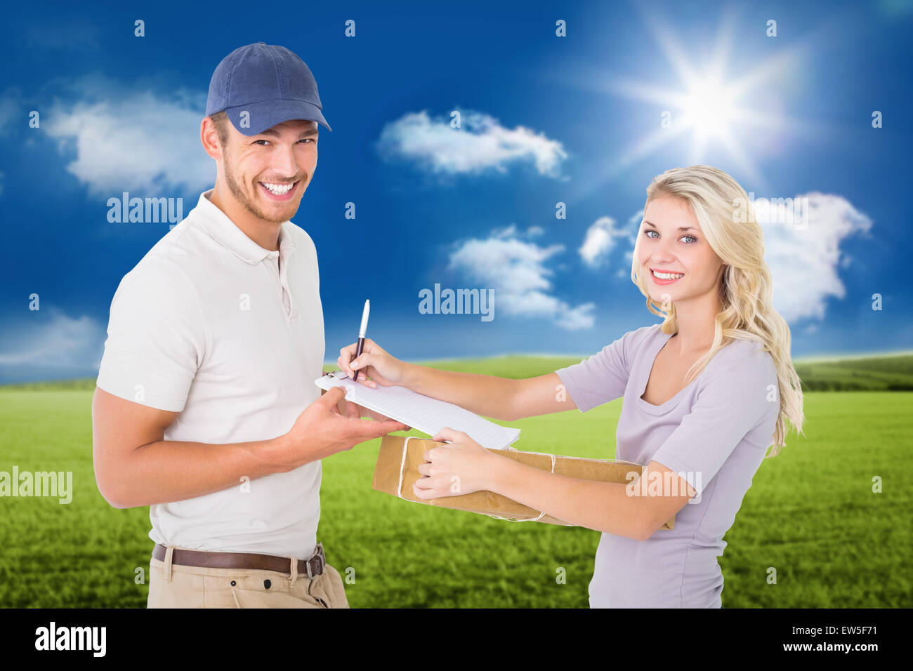 Composite image of happy delivery man giving package to customer Stock ...