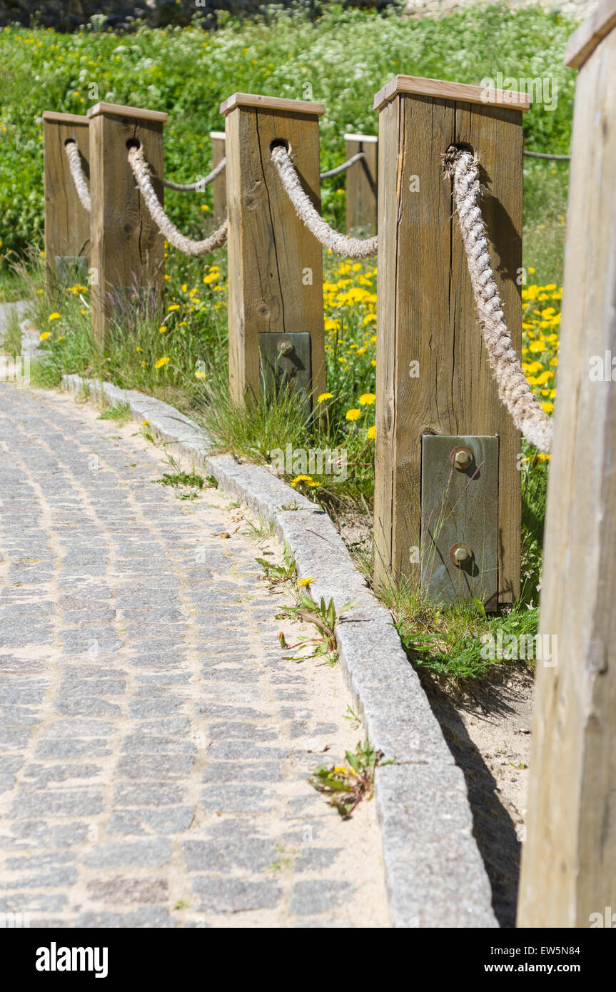 Block pavement footpath and fence rope barrier in sunny park Stock ...