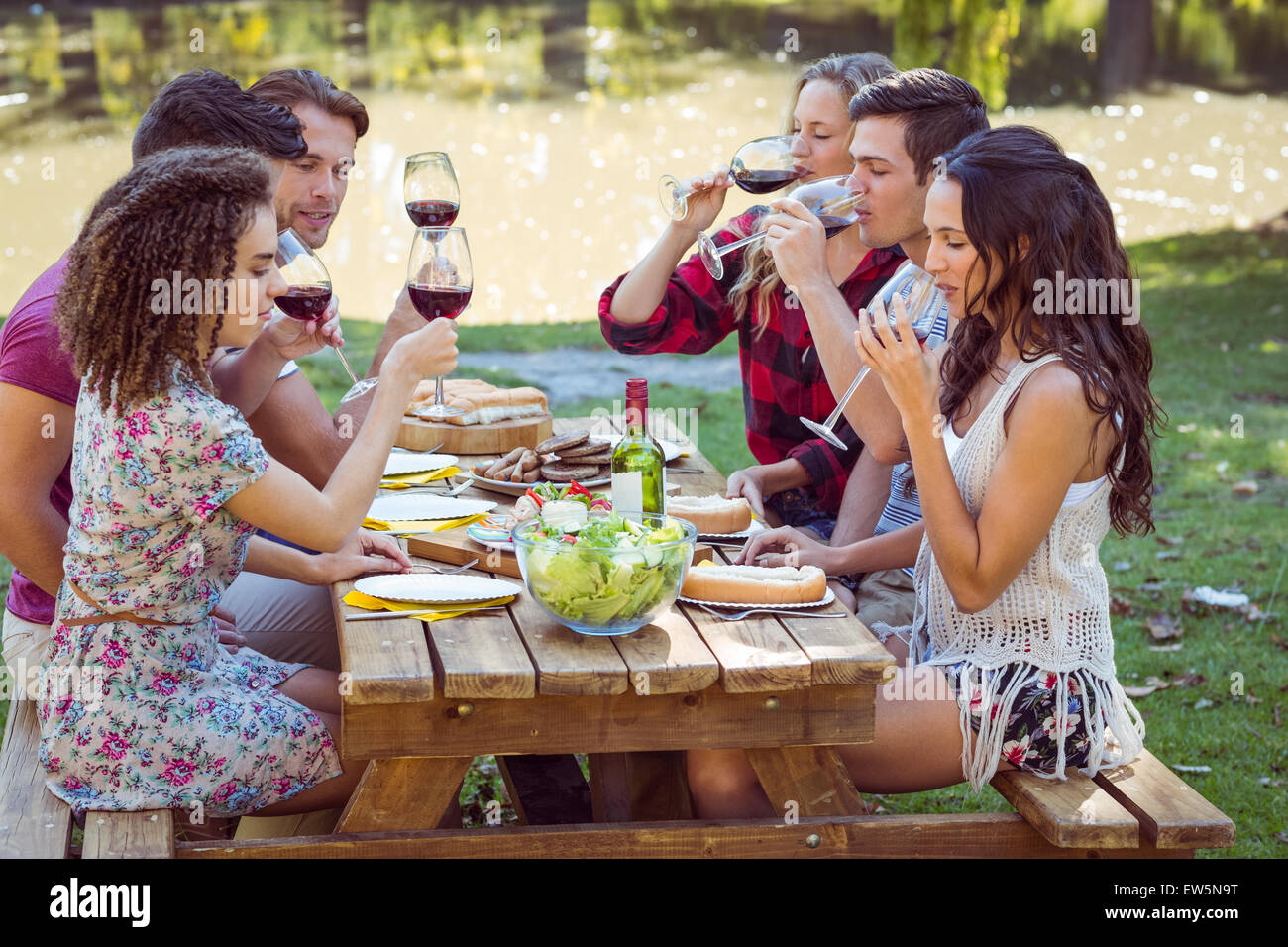 Happy friends in the park having lunch Stock Photo - Alamy