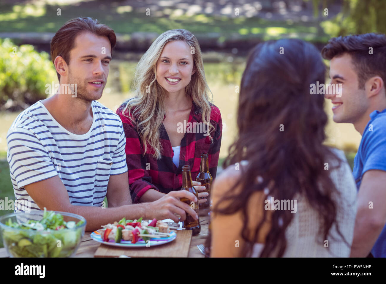 Happy friends in the park having lunch Stock Photo - Alamy