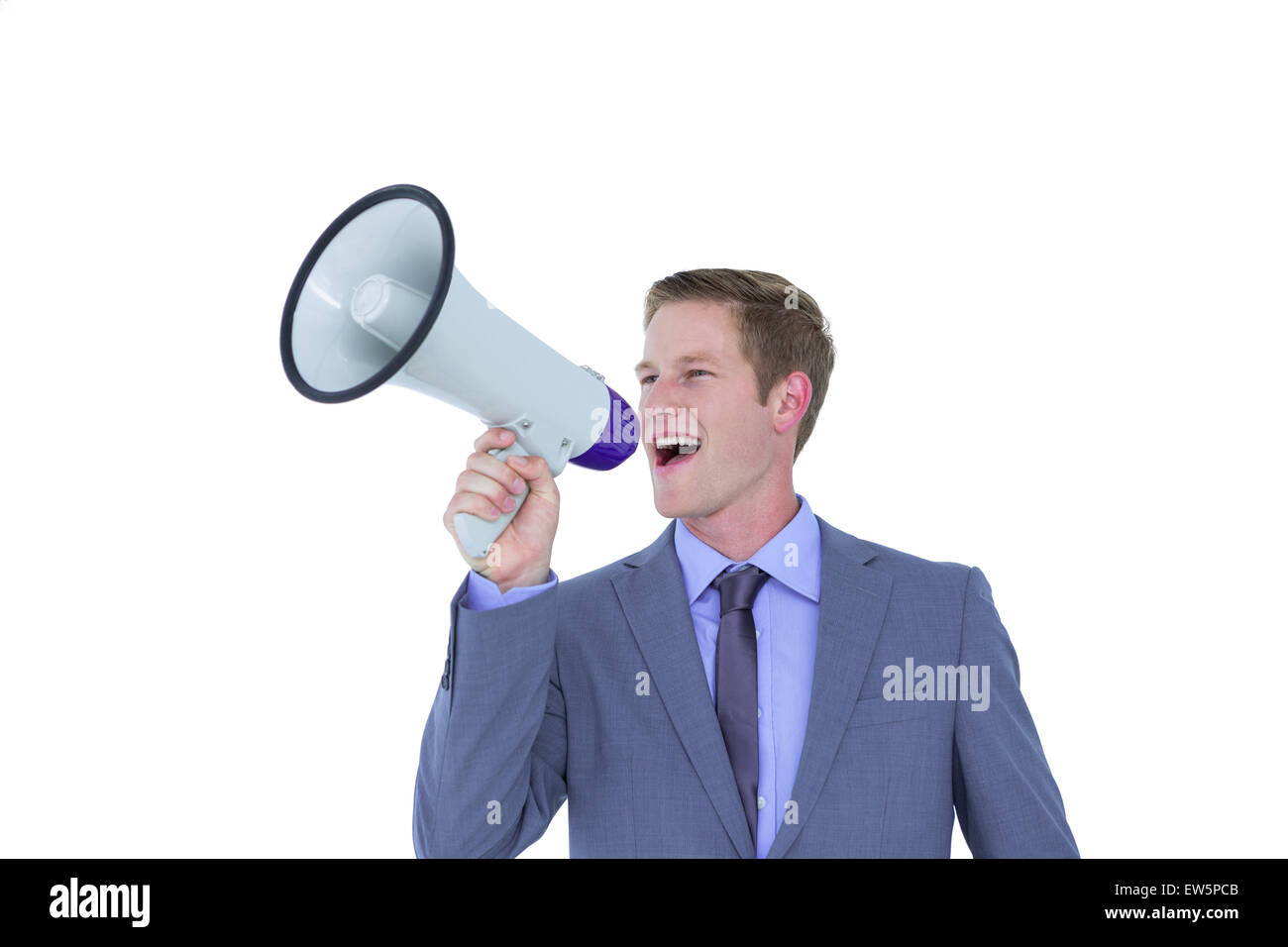Businessman talking through megaphone Stock Photo - Alamy