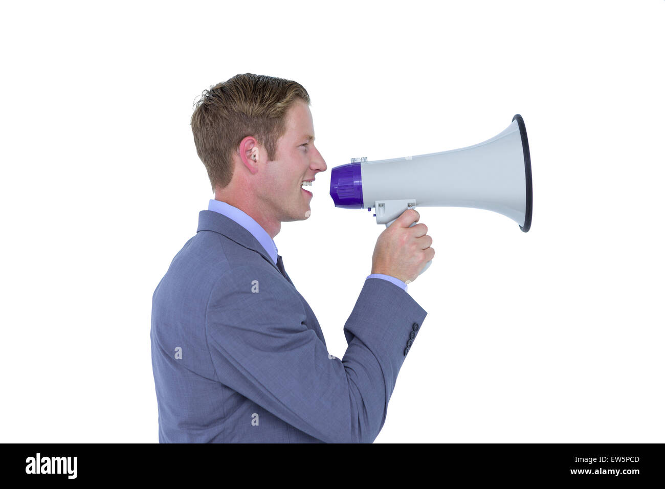Businessman talking through megaphone Stock Photo - Alamy