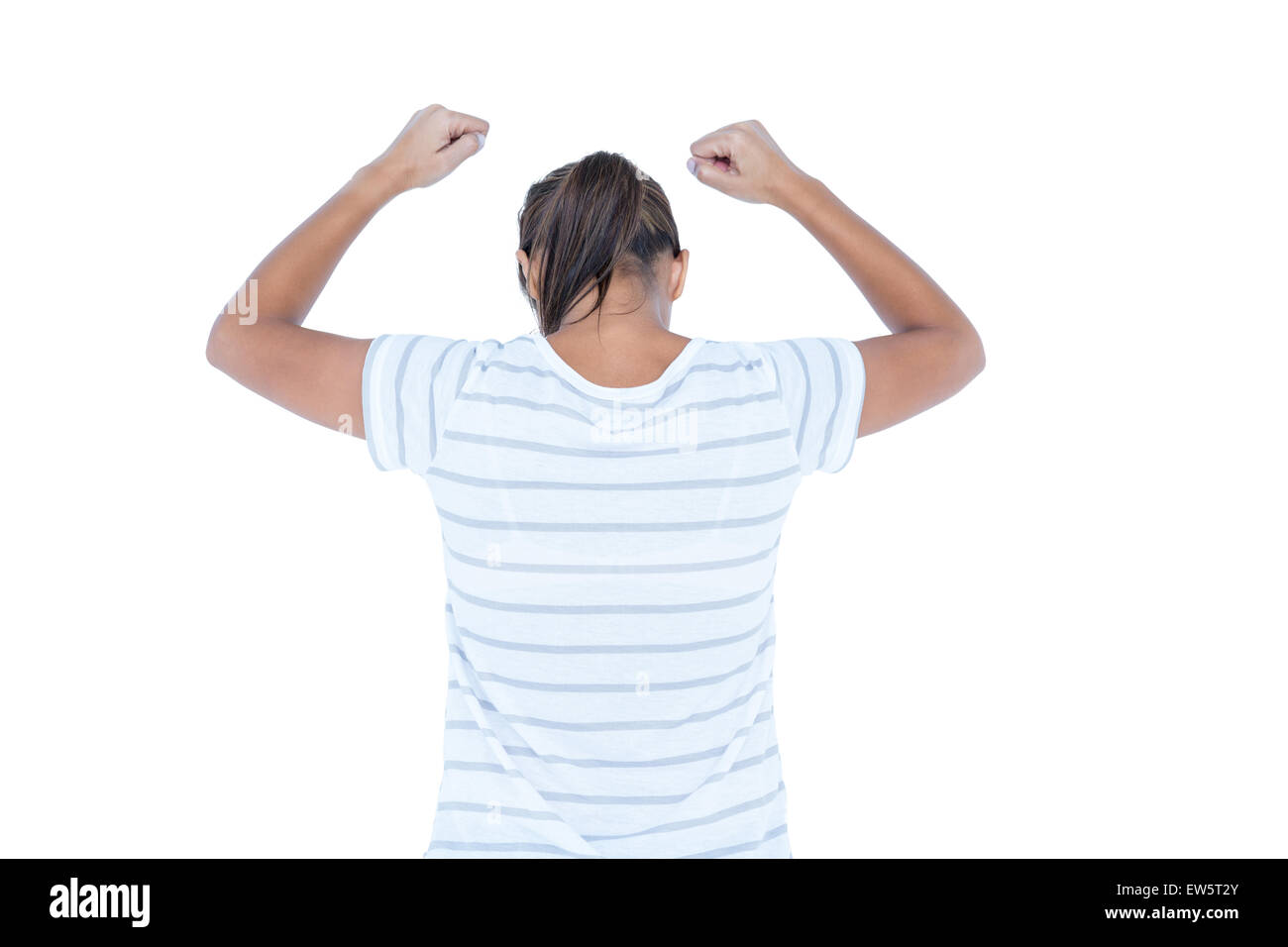 Wear view of brunette with arms up Stock Photo - Alamy