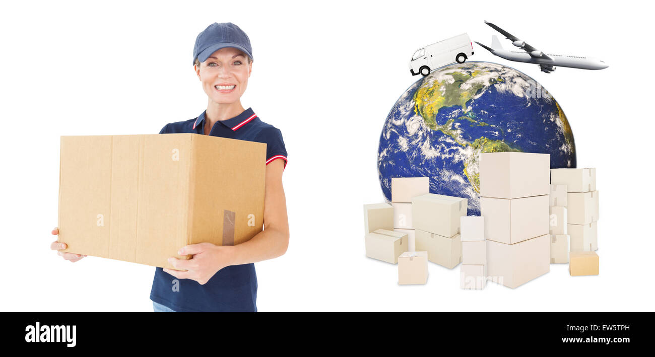 Composite image of happy delivery woman holding cardboard box Stock ...