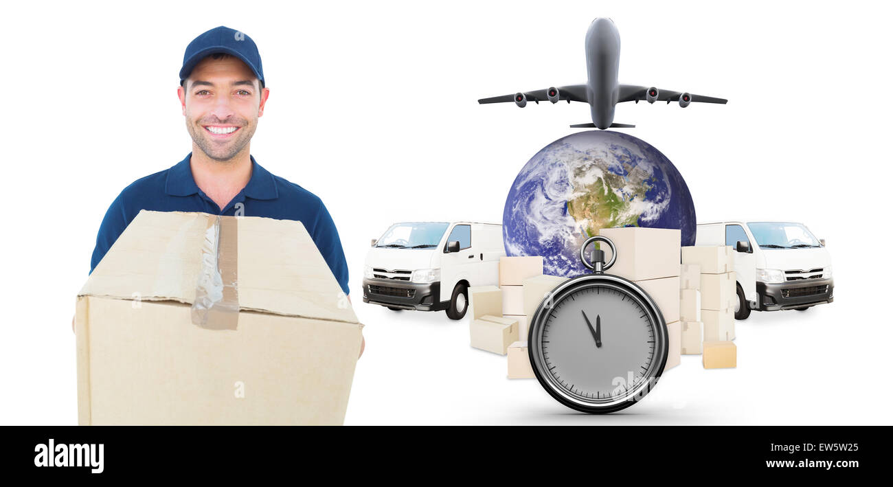 Composite image of happy delivery man holding cardboard box Stock Photo ...