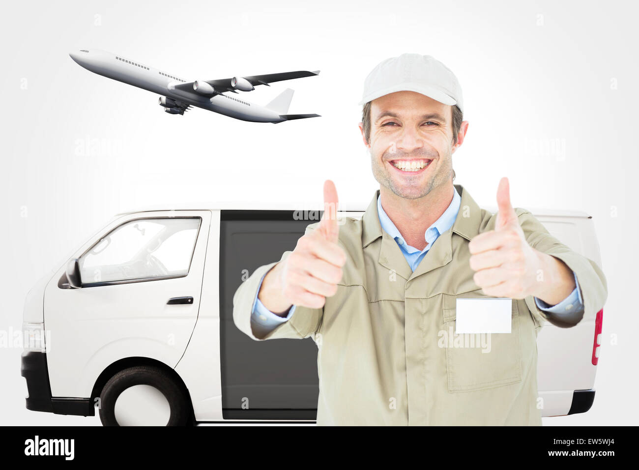 Composite image of happy delivery man gesturing thumbs up Stock Photo ...