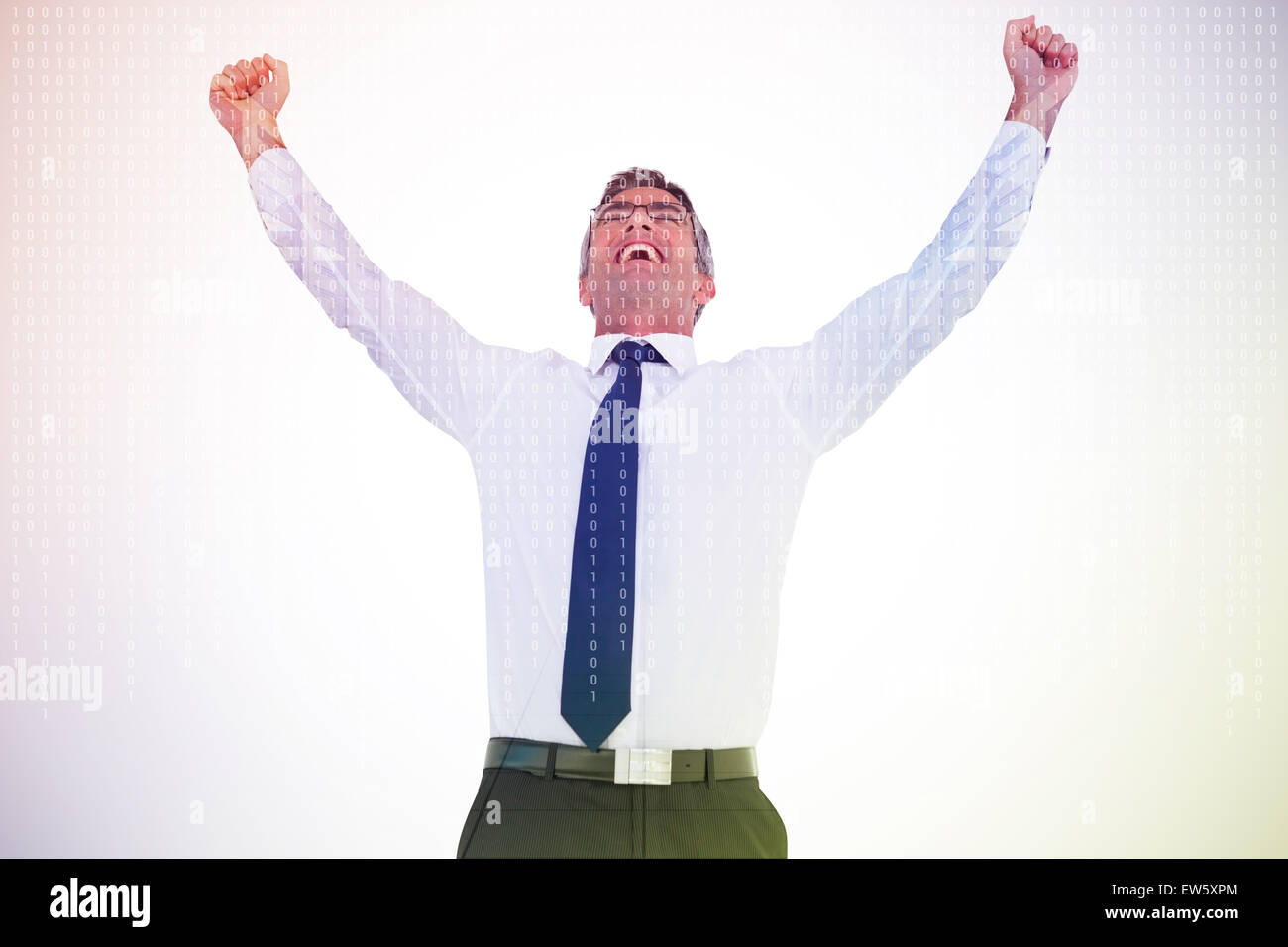 Composite image of excited businessman with glasses cheering Stock ...