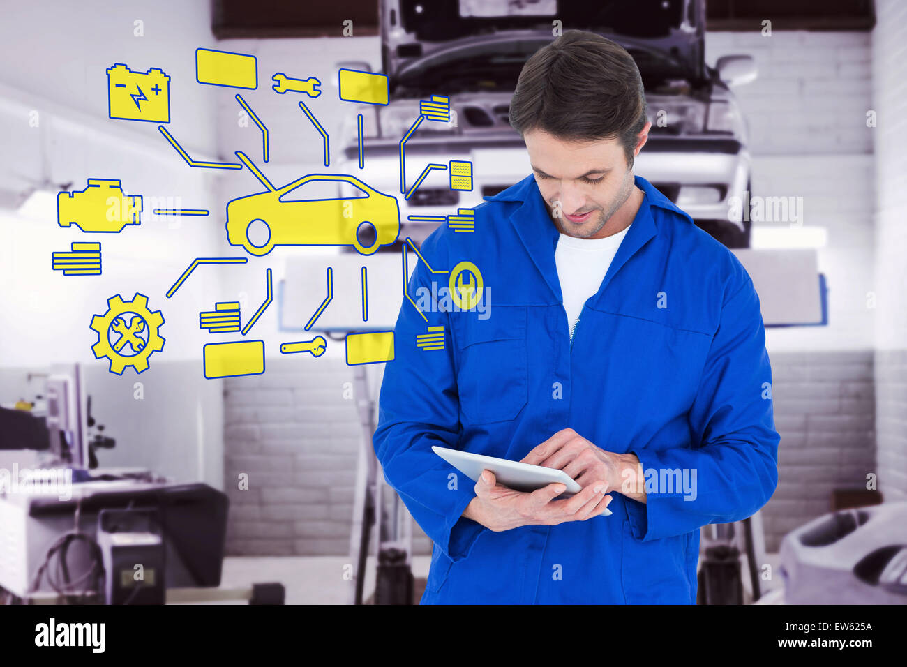 Composite image of mechanic using digital tablet over white background ...