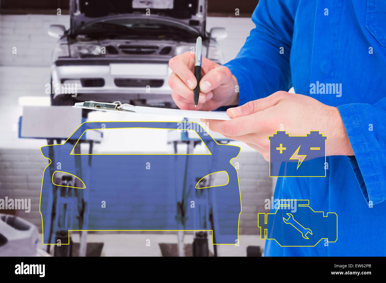Composite image of mechanic writing on clipboard Stock Photo - Alamy
