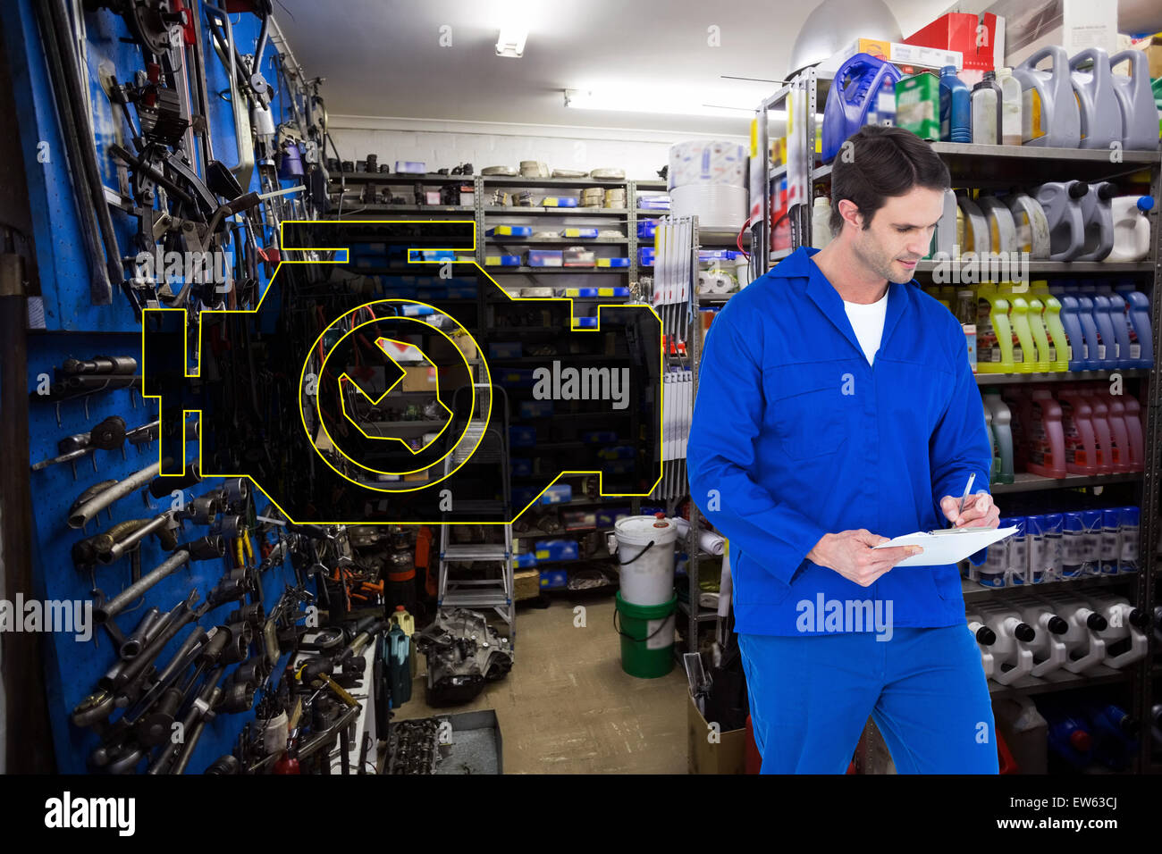 Composite image of mechanic writing notes over white background Stock ...