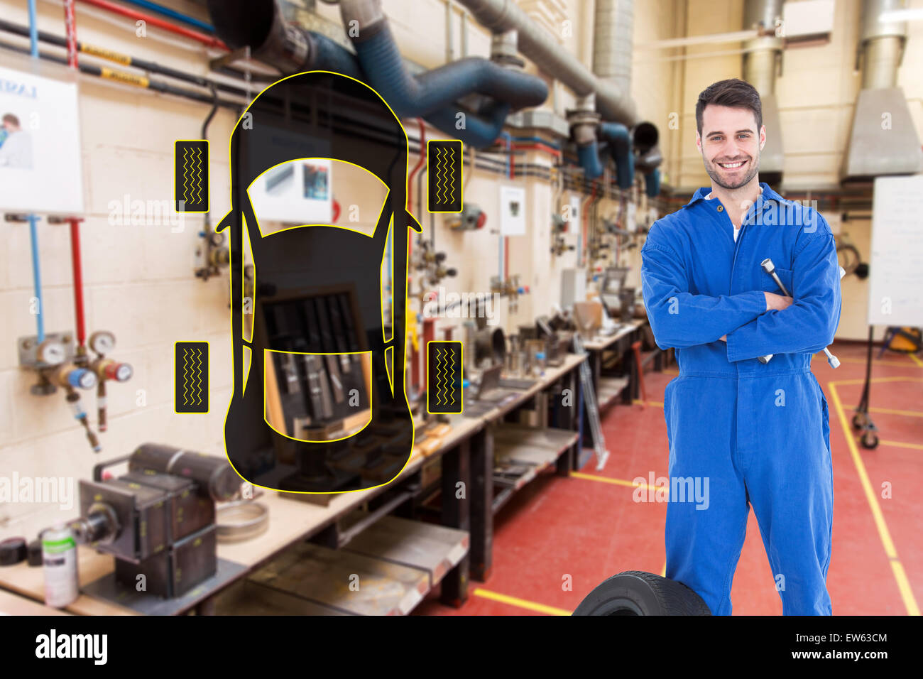 Composite image of smiling mechanic with arms crossed standing by tire ...