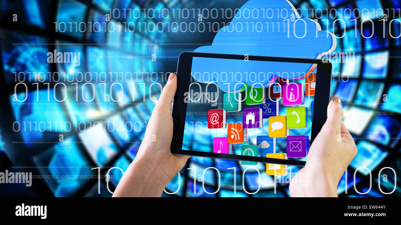 Composite image of finger pointing to tablet Stock Photo - Alamy