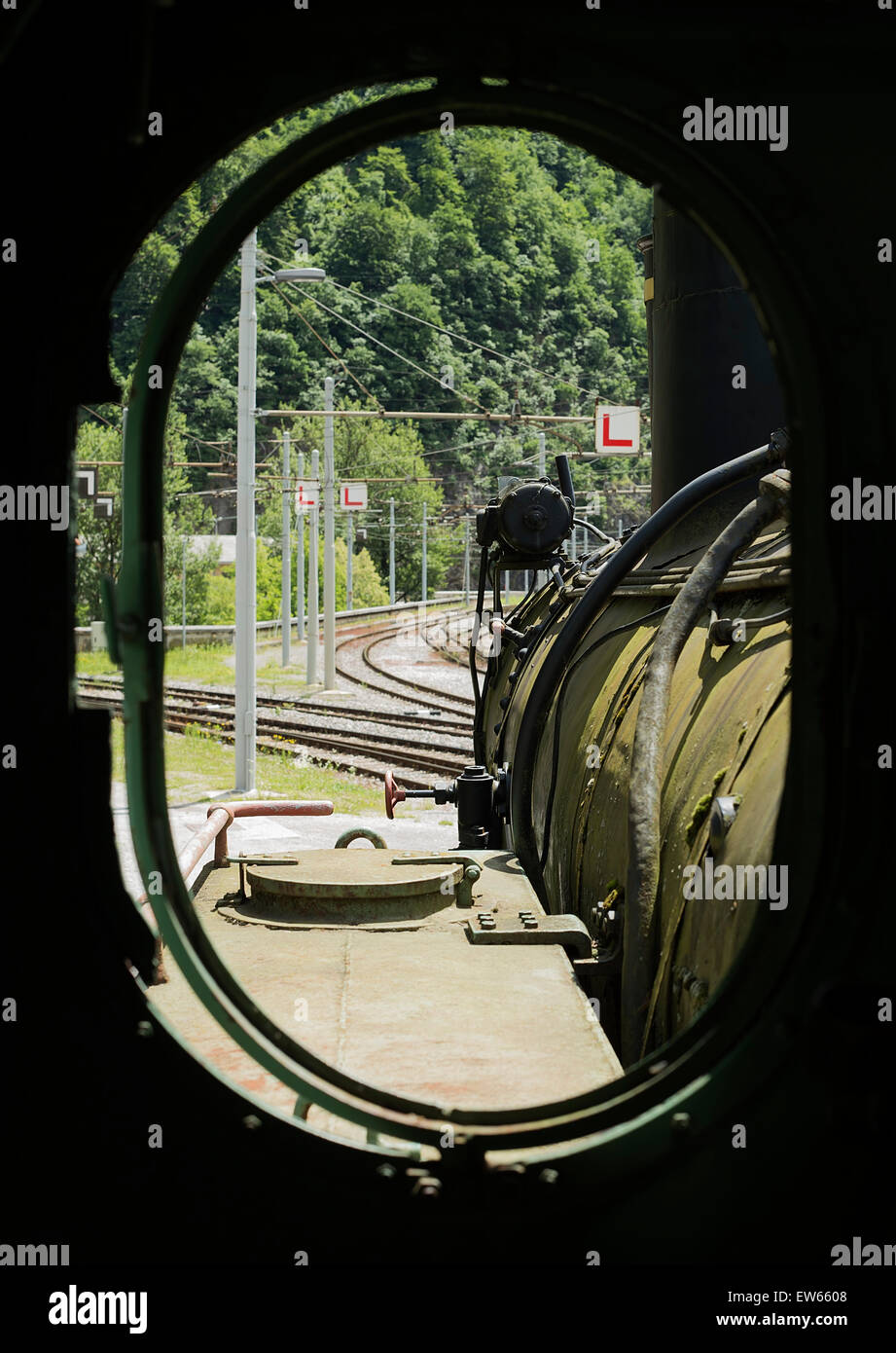 Old train window, with a view of outside railroad Stock Photo - Alamy