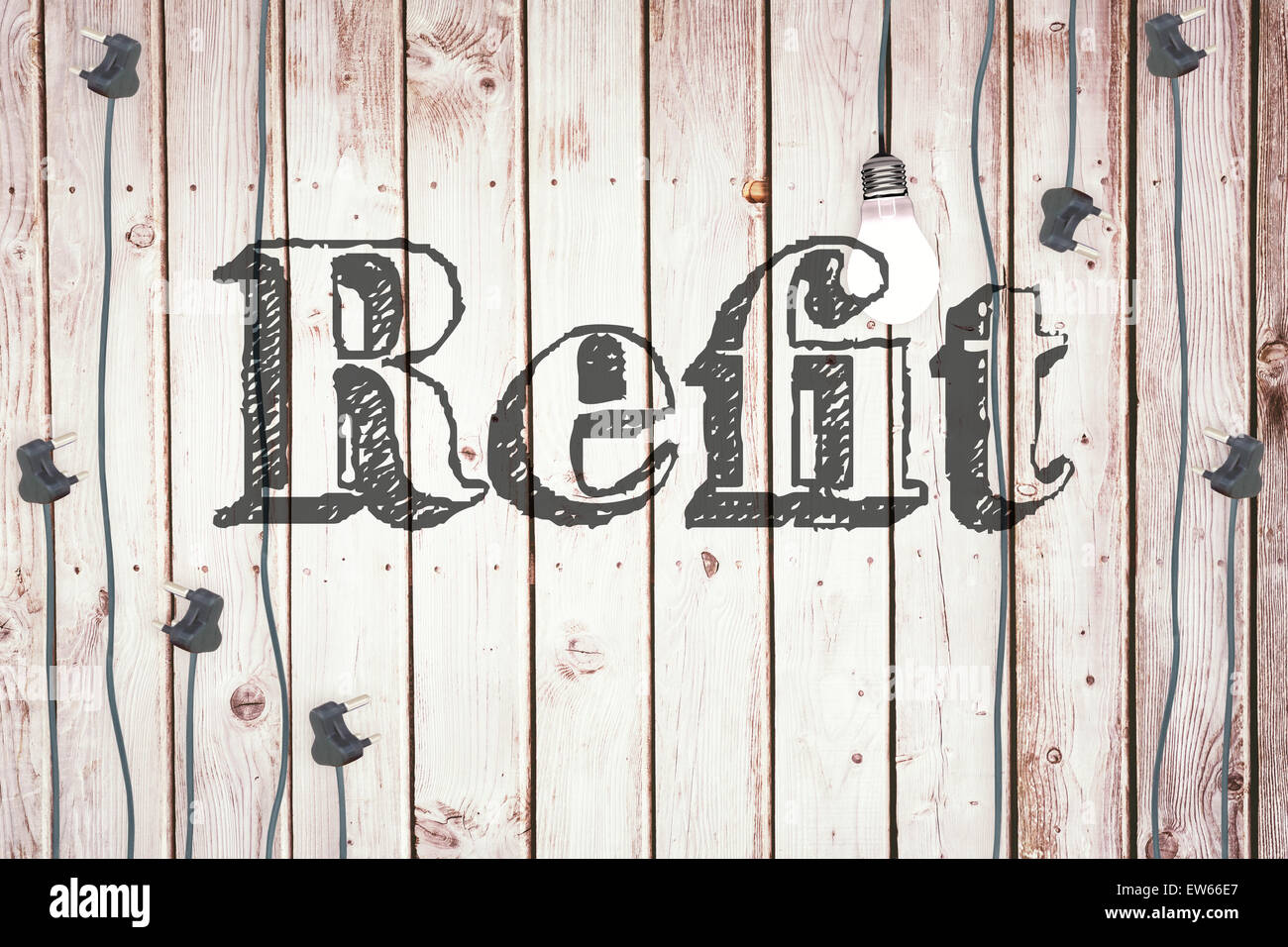 Refit against light bulb on wooden background Stock Photo - Alamy