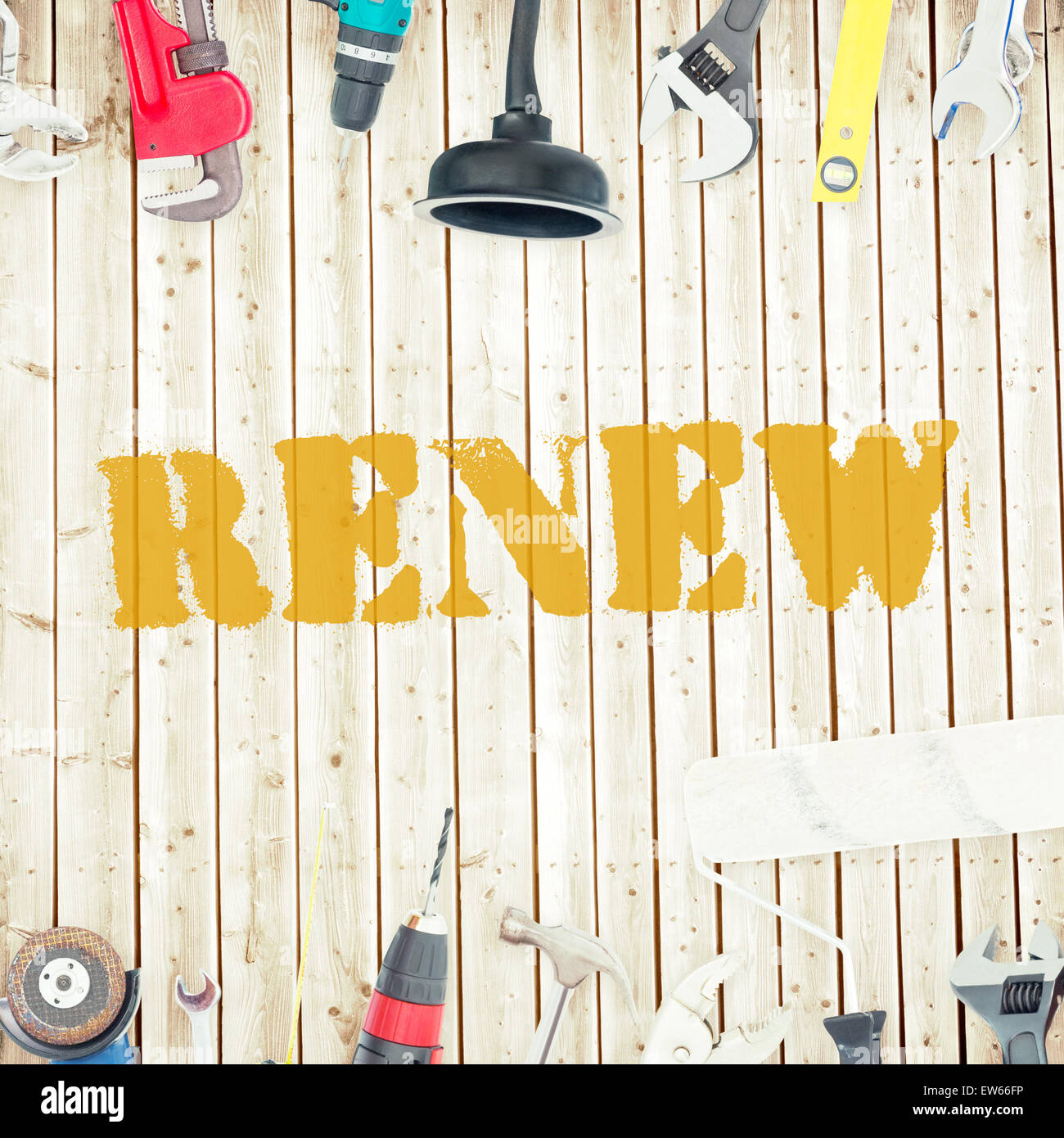 Renew against tools on wooden background Stock Photo - Alamy