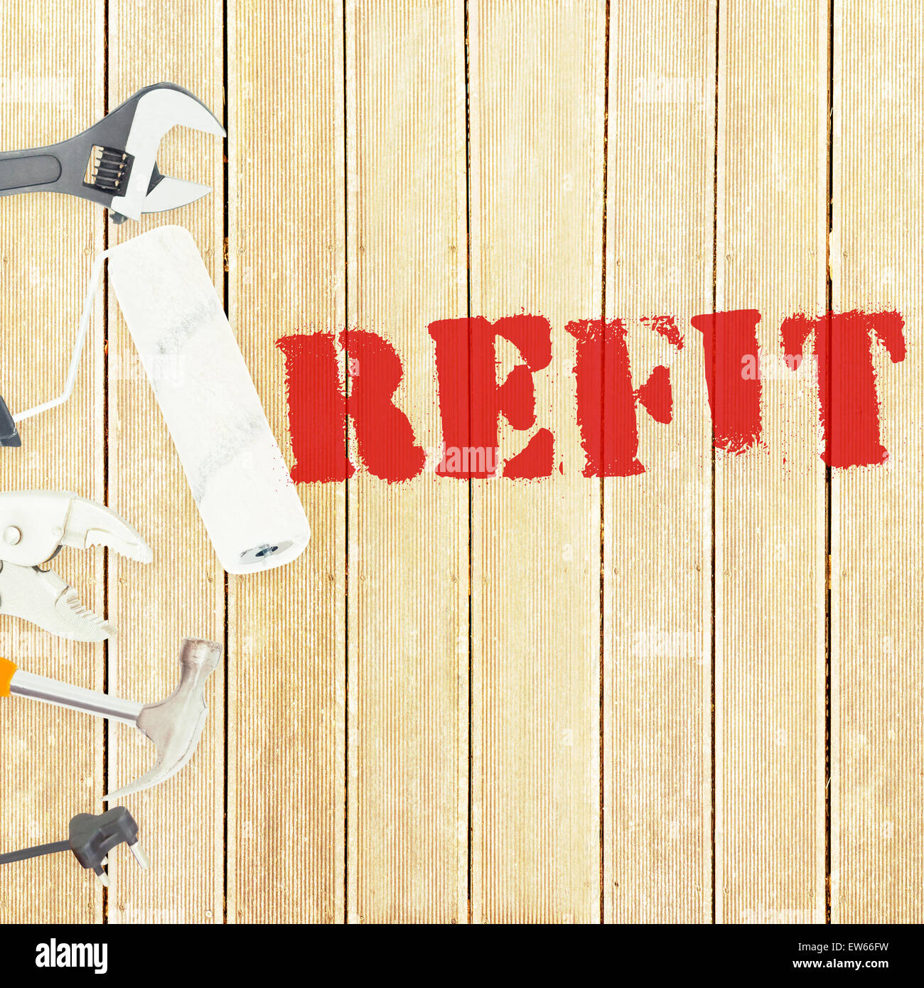 Refit against tools on wooden background Stock Photo - Alamy