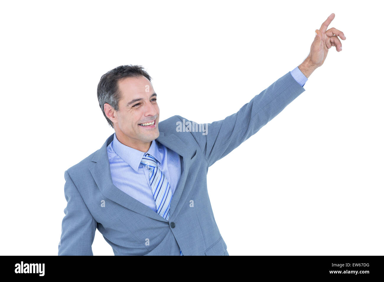 Cheerful businessman raising his hand Stock Photo - Alamy