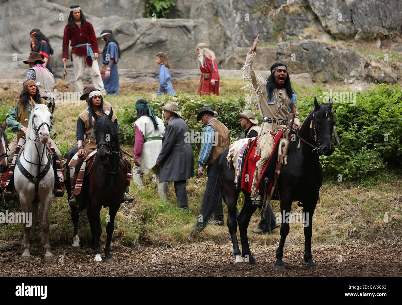 Elspe, Germany. 18th June, 2015. Jean-Marc Birkholz (R) as Winnetou ...