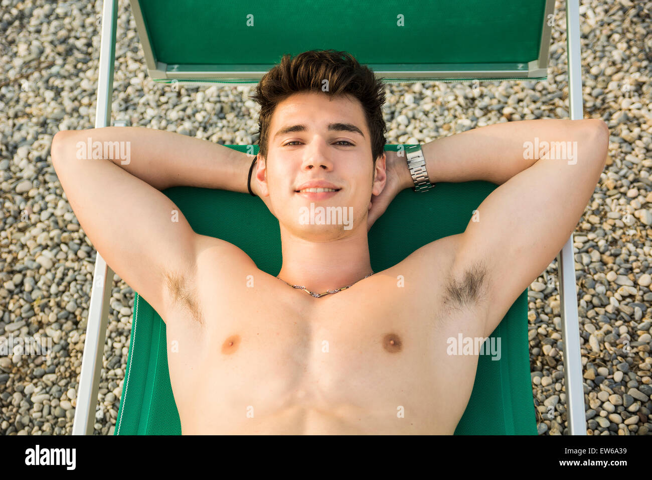 Shirtless Young Man Drying Off in Hot Sun, Muscular Man Wearing Bathing ...