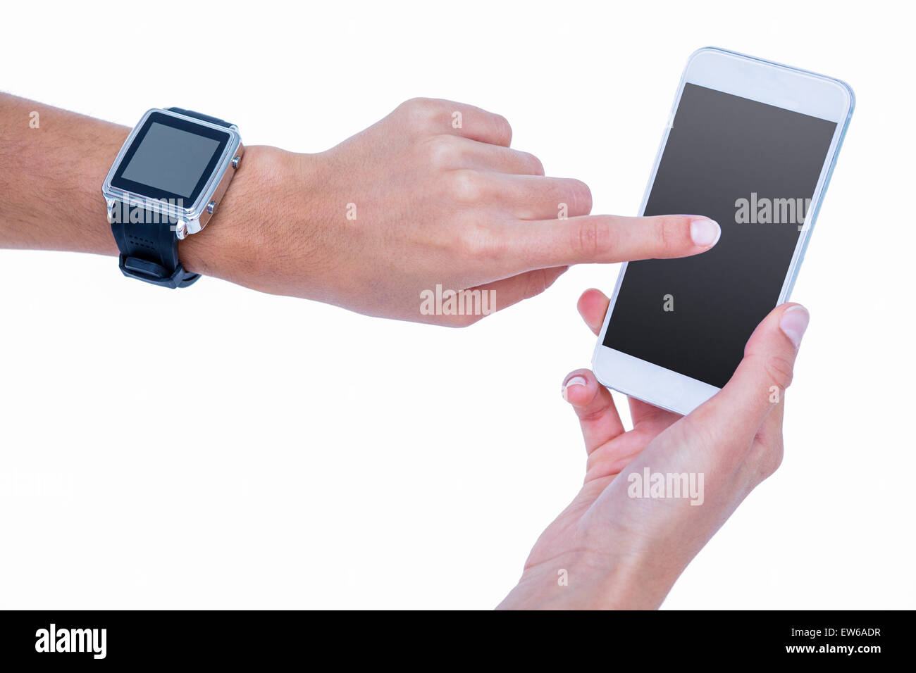 Close up of woman using her smartphone and wearing smartwatch Stock ...