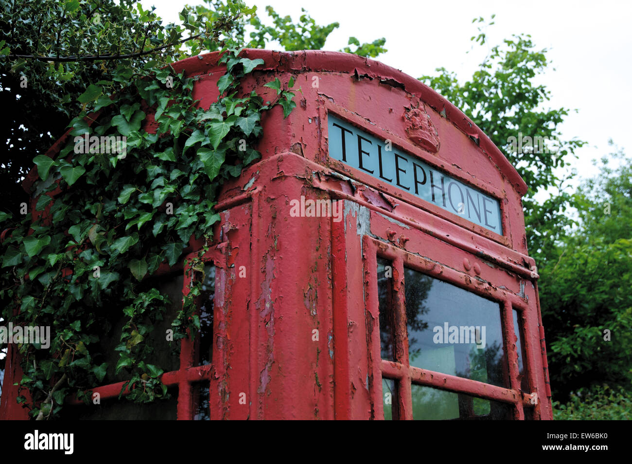 Iconic BT red telephone box in rural Devon (Dartmoor) showing decay ...